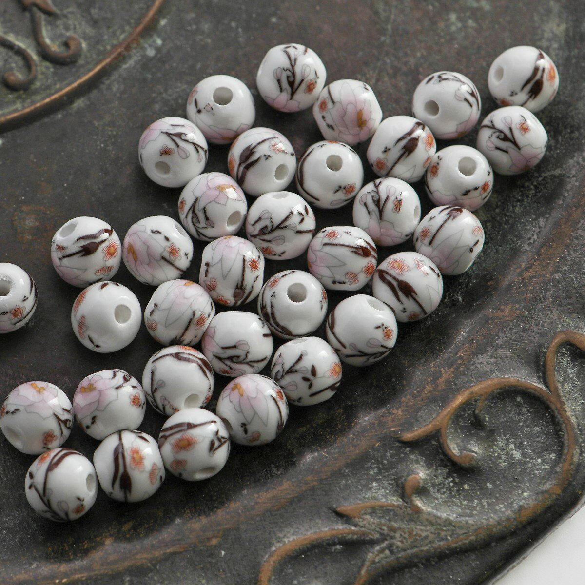 Бусины керамические круглые 10 шт, цвет бело-розовый, 10х10 мм