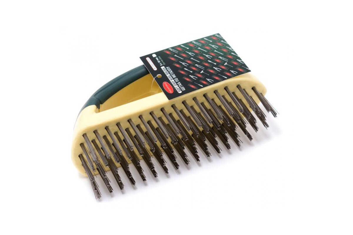 Щетка ручная по металлу ROCKFORCE RF-340125228, прорезиненная рукоятка, проволока из нержавеющей стали, 5x18 рядов, пластиковый корпус