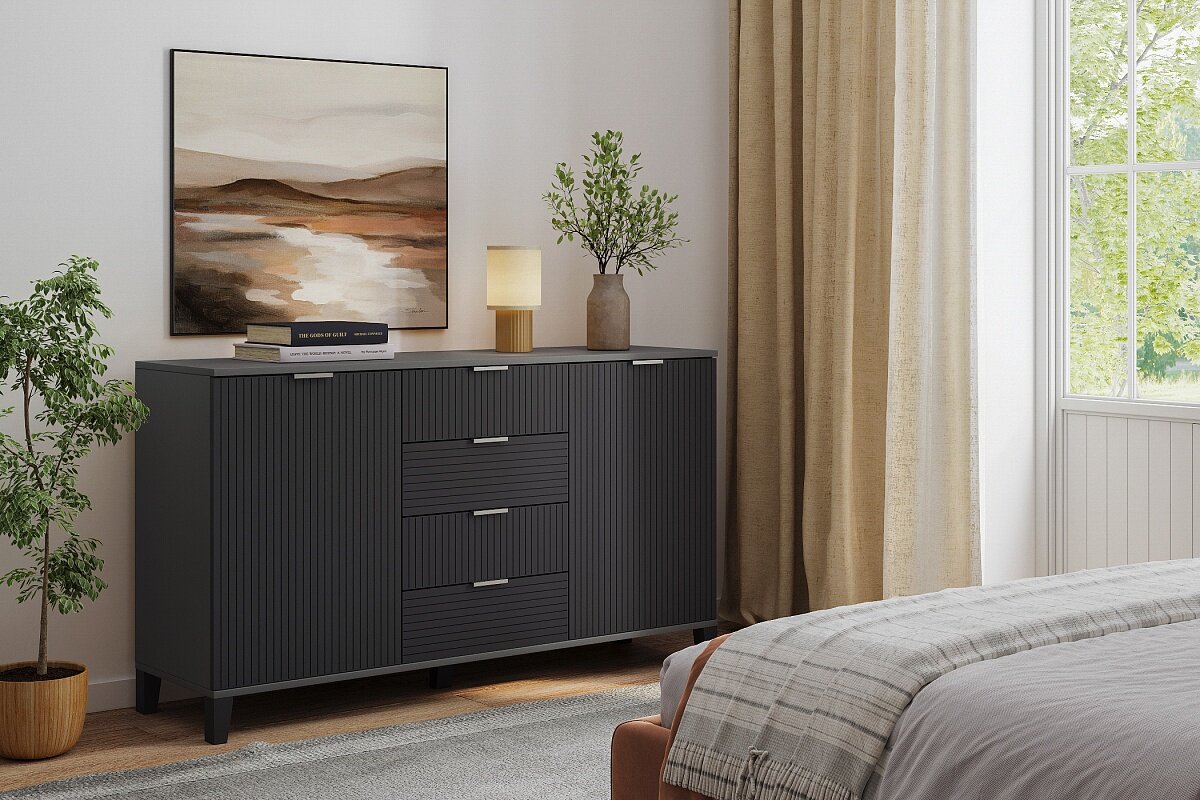 Комод МебельЛэнд24 Марвин 25 фрезеровка 8 Графит 140x40x80 серый двухдверный с 4 ящиками