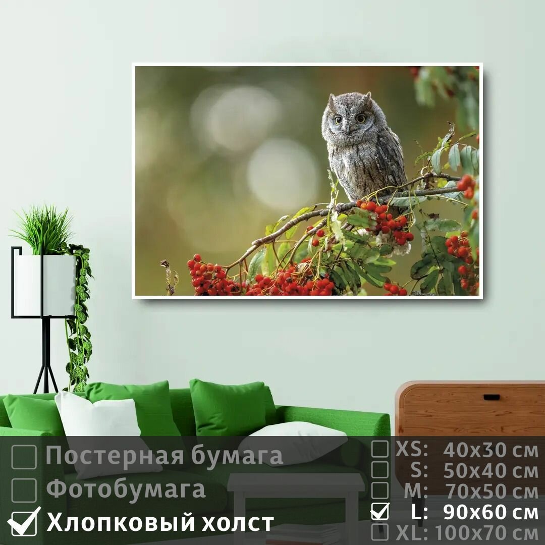 Постер на холсте Сова Сидит На Ветке Красной Рябины В Лесу 90х60 см ПолиЦентр