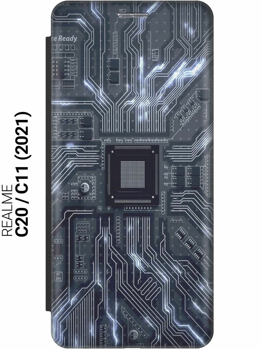 Чехол-книжка на realme C20, C11 (2021), Рилми С20, С11 (2021) с 3D принтом "Синяя микросхема" черный