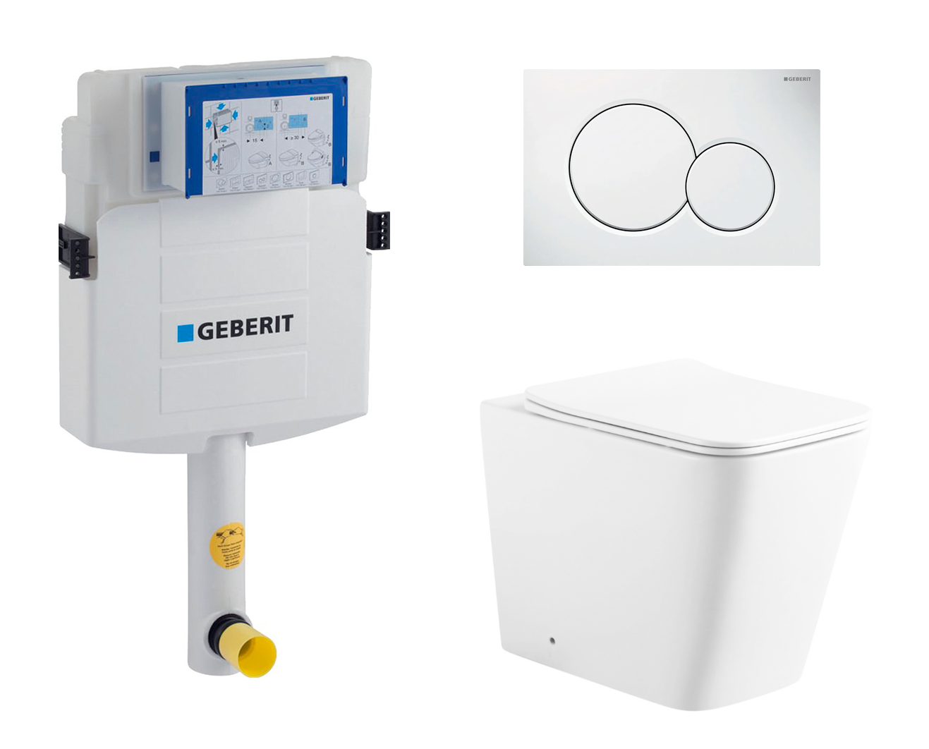 Комплект 3 в 1 смывной бачок скрытого монтажа Geberit Duofix UP320 + Унитаз приставной Enio Binario EN5215047 + Кнопка Geberit Sigma 01 белая