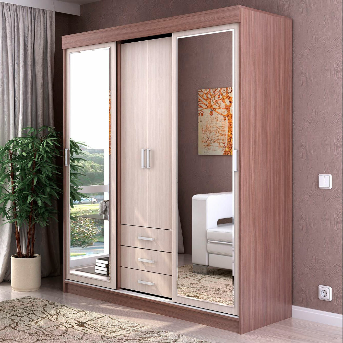 Шкаф-купе с зеркалами, ящиками, полками и штангами 1700*2100*580мм