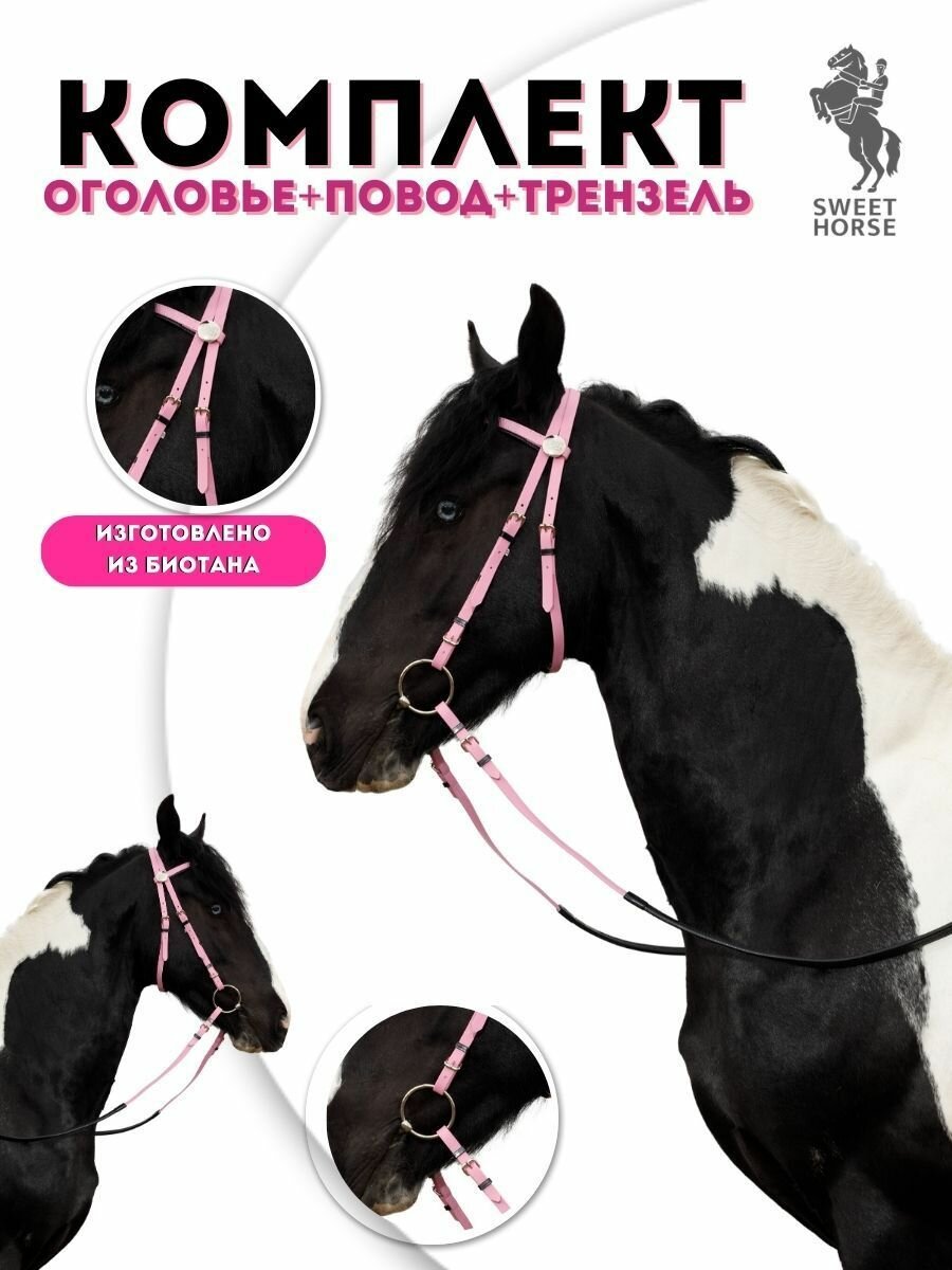 Sweethorse / Комплект - Оголовье + повод + трензель, розовый