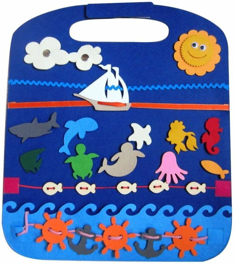 Коврик-игралка в дорогу Smile Decor "Море" из фетра на липучках, развивающая игра-шнуровка, учимся считать, 48х42 см. Товар уцененный