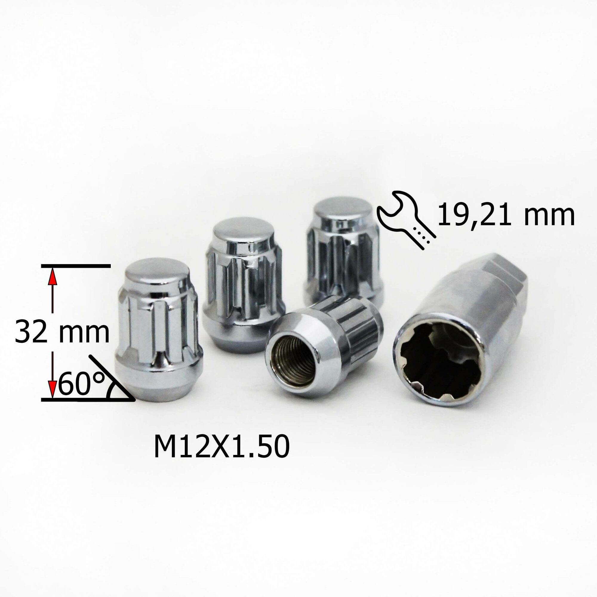 Комплект секретных гаек М12x1,5 высота 32мм Конус, закрытая, 8 лучей, 1 ключ