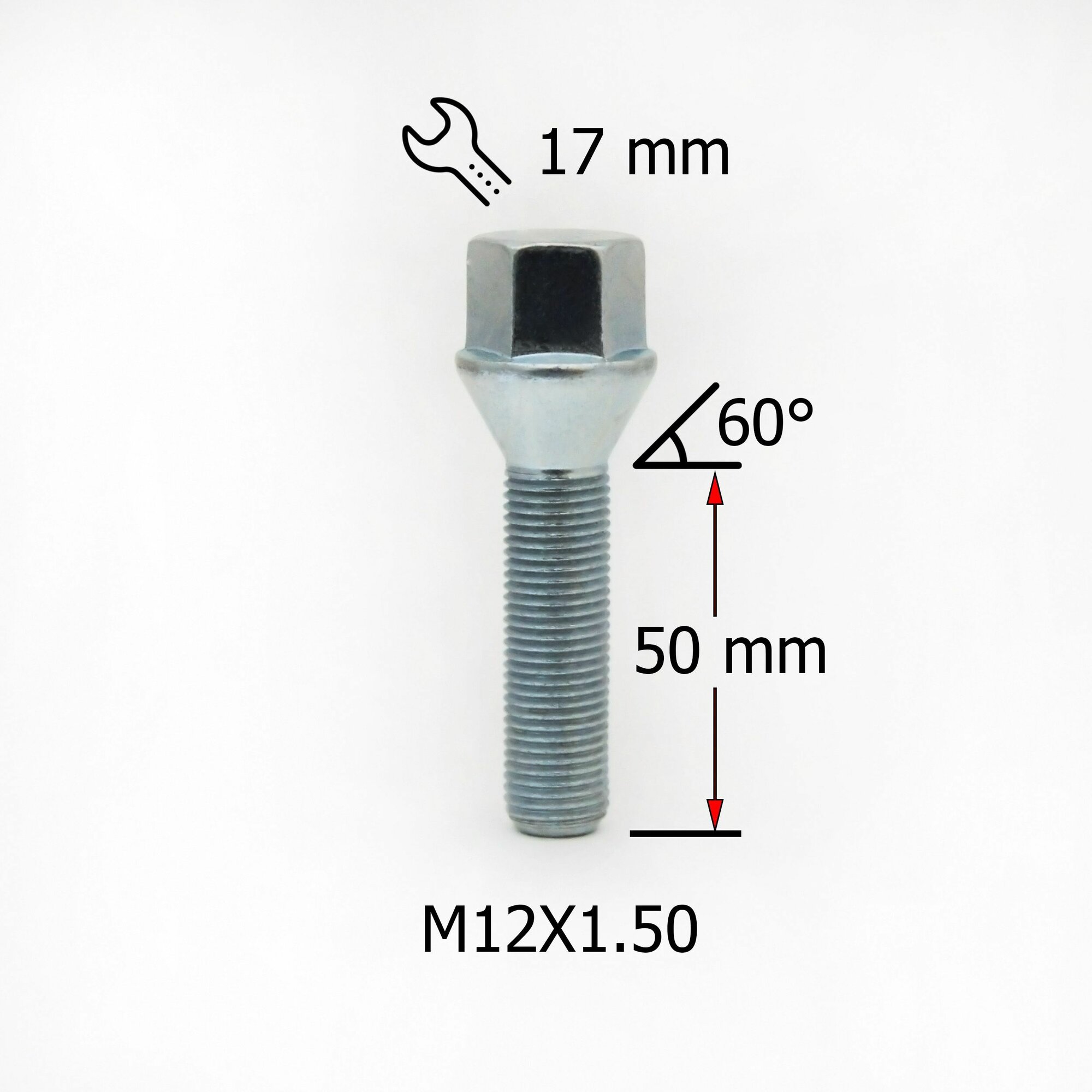 Болт колесный M12x1,5 длина резьбовой части 50мм, конус, ключ 17мм, цинк
