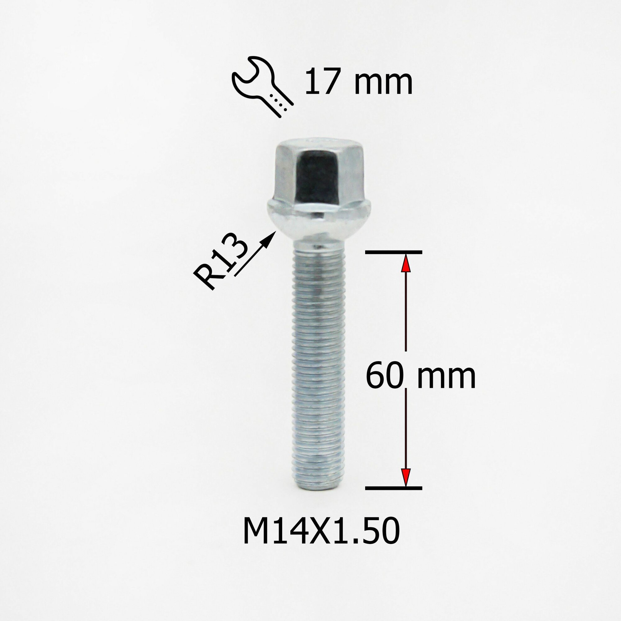 Болт колесный M14x1,5 длина резьбовой части 60мм, сфера, ключ 17мм, цинк