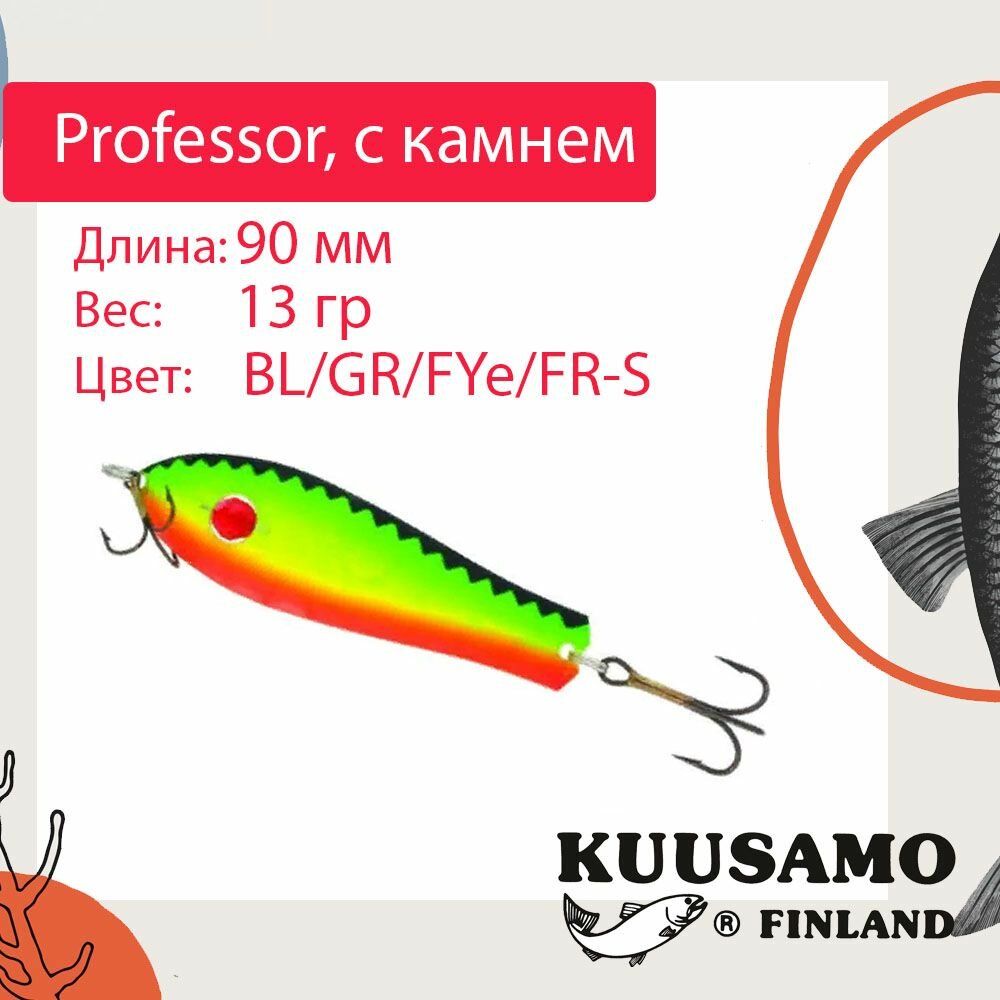 Блесна для рыбалки Kuusamo Professor 2, 90/13 с камнем, BL/GR/FYe/FR-S (колеблющаяся)