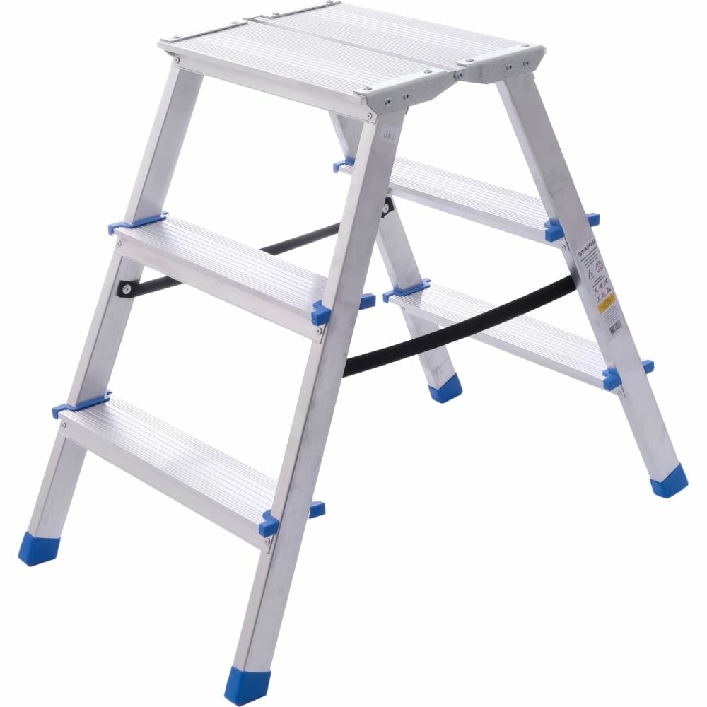 Стремянка STAIRS алюминиевая двухсторонняя с мини-платформой 3 ступени AMP203, для различных работ высоте, алюминиевый
