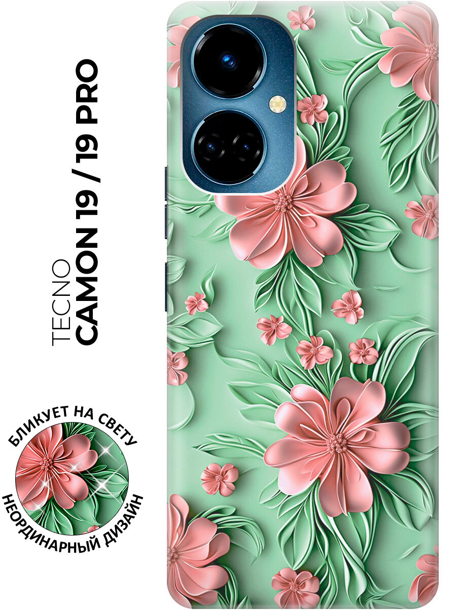 Силиконовый чехол на Tecno Camon 19 / 19 Pro с принтом "Розовые цветы на мятном фоне"