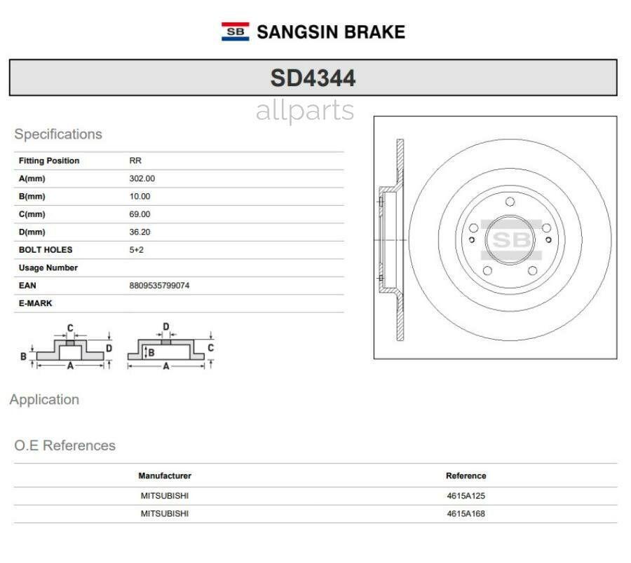SANGSIN BRAKE SD4344 диск торм. Задн.(302X10) 5 ОТВ.