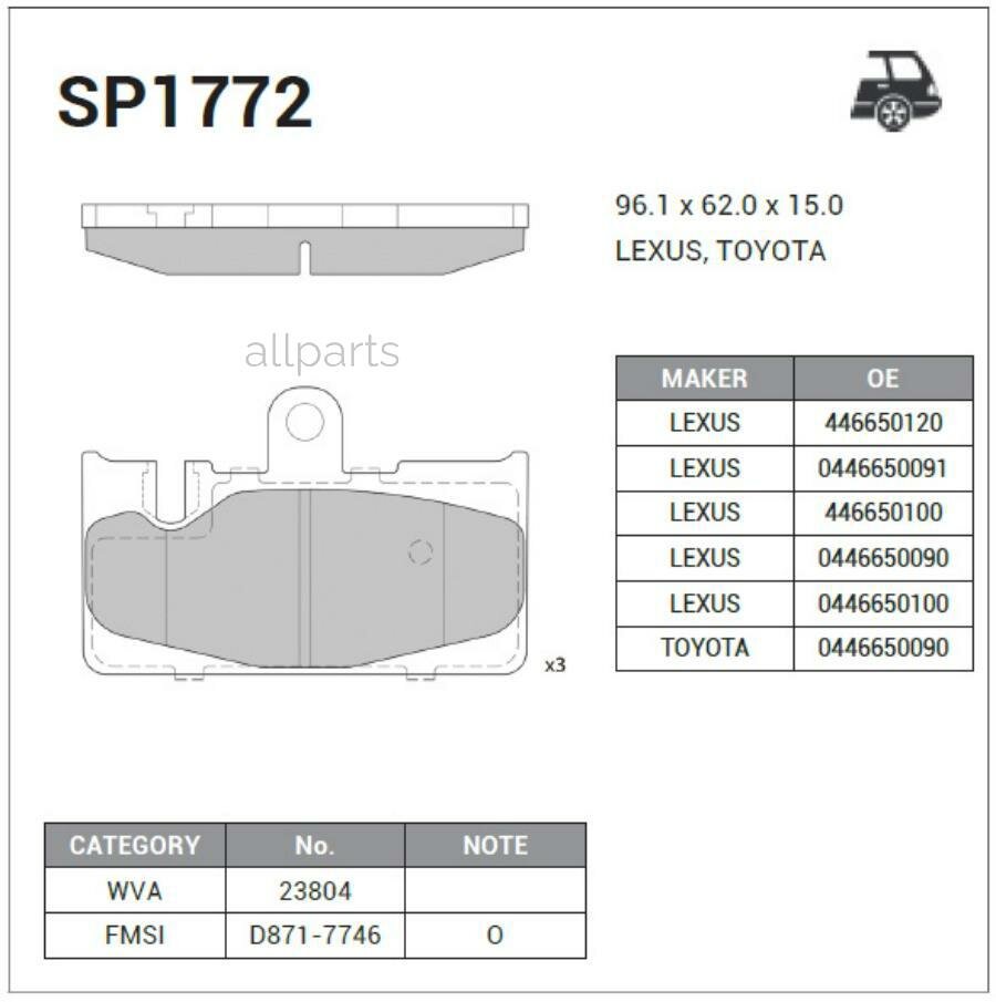 SANGSIN BRAKE SP1772 Колодки торм. дисковые Hi-Q LEXUS LS430 05-06 R (D871)