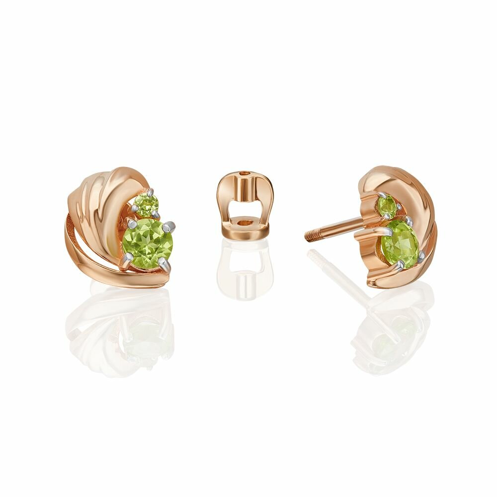 Серьги пусеты, красное золото, 585 проба, хризолит