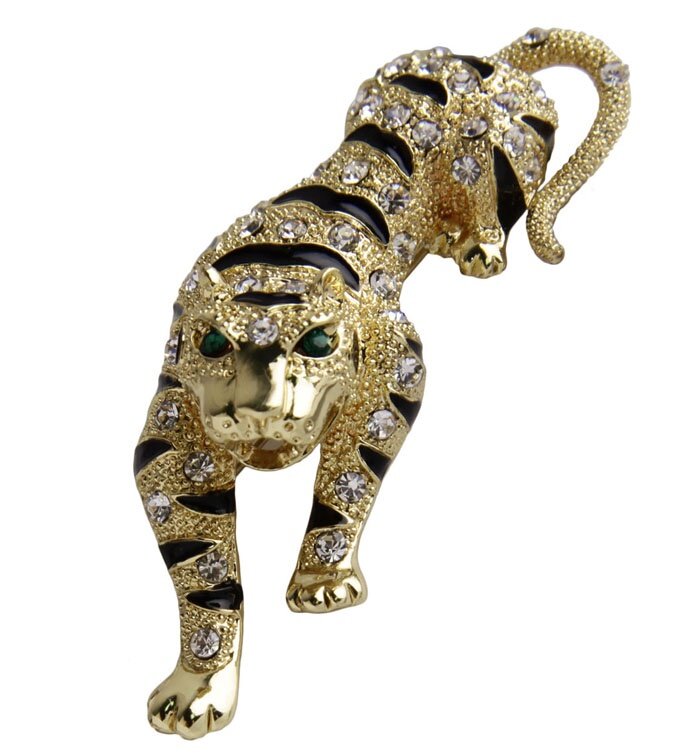 Брошь "Тигр". Бижутерный сплав, кристаллы, эмаль. Корея, конец XX века