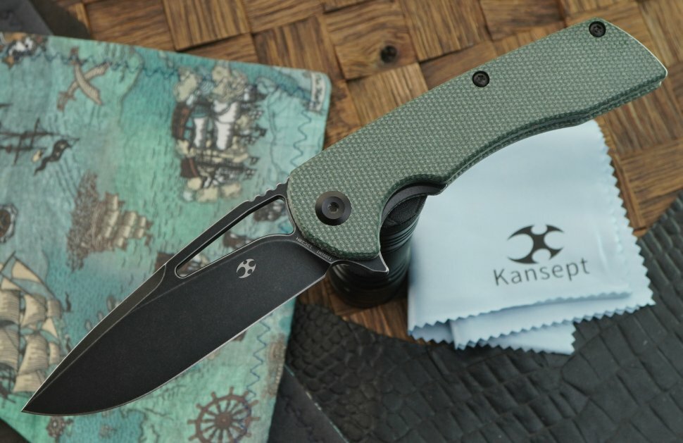 Складной нож Kansept Knives Kryo, сталь 12C28N, BW, рукоять зеленая микарта