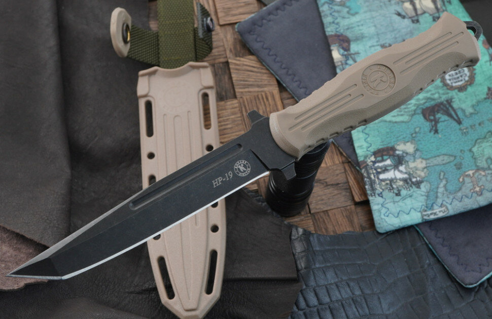 Нож разведчика Кизляр НР-19 песочный, сталь AUS-8, черный stonewash