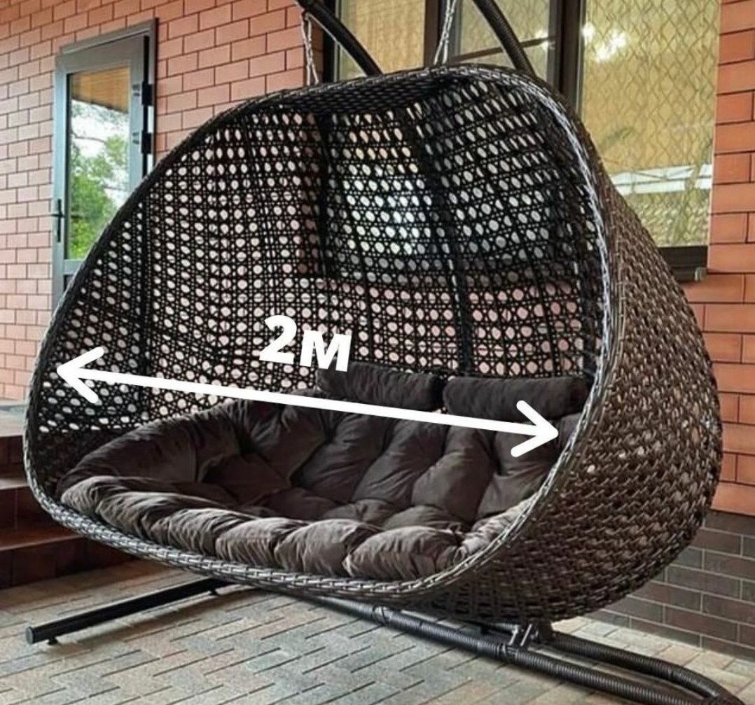 Подвесной диван кокон из полиротанга 2-местный со стойкой, садовые качели для дачи и террасы, кресло кокон с подушками
