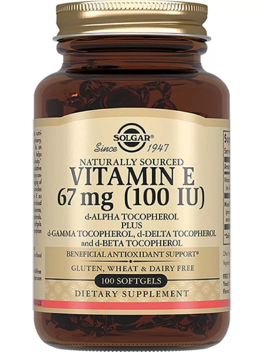 БАД Solgar Витамин Е, 100 МЕ, капсулы, антиоксидантная защита, без глютена и пшеницы, США