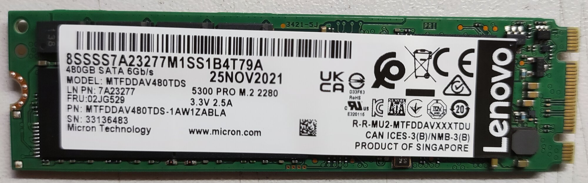 Серверный накопитель SSD Lenovo 1x480Gb Sata 4XB7A17073 M.2" (Micron MTFDDAV480TDS)