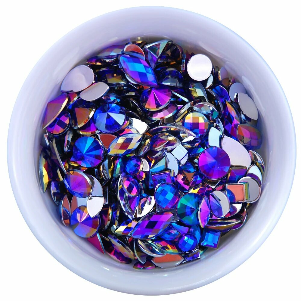 Стразы Hisenlee AB цветные акриловые смешанной формы 200 шт Серебряный, Sapphire blue AB