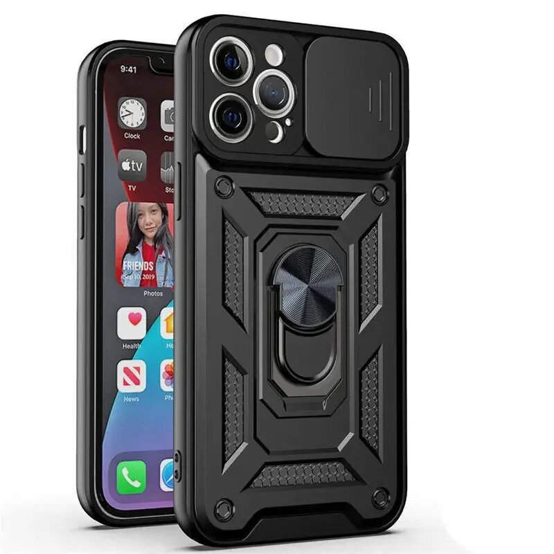 Чехол для iPhone 16 Pro Max черный, противоударный с кольцом
