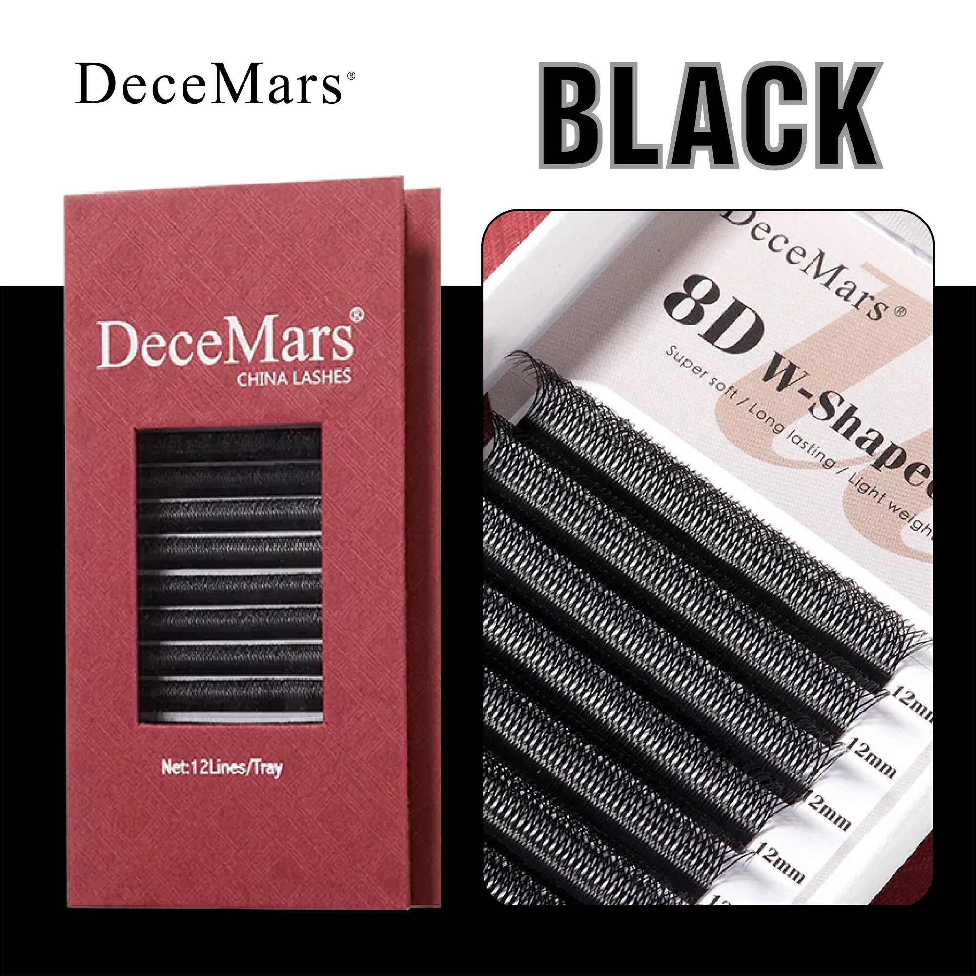 DeceMars 8D W ресницы для наращивания, 12mm, Black