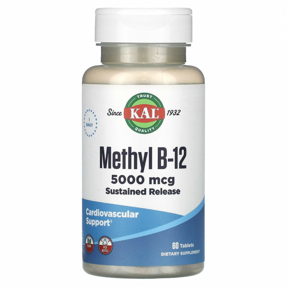 KAL, Methyl B-12, метилкобаламин, длительное высвобождение, 5000 мкг, 60 таблеток