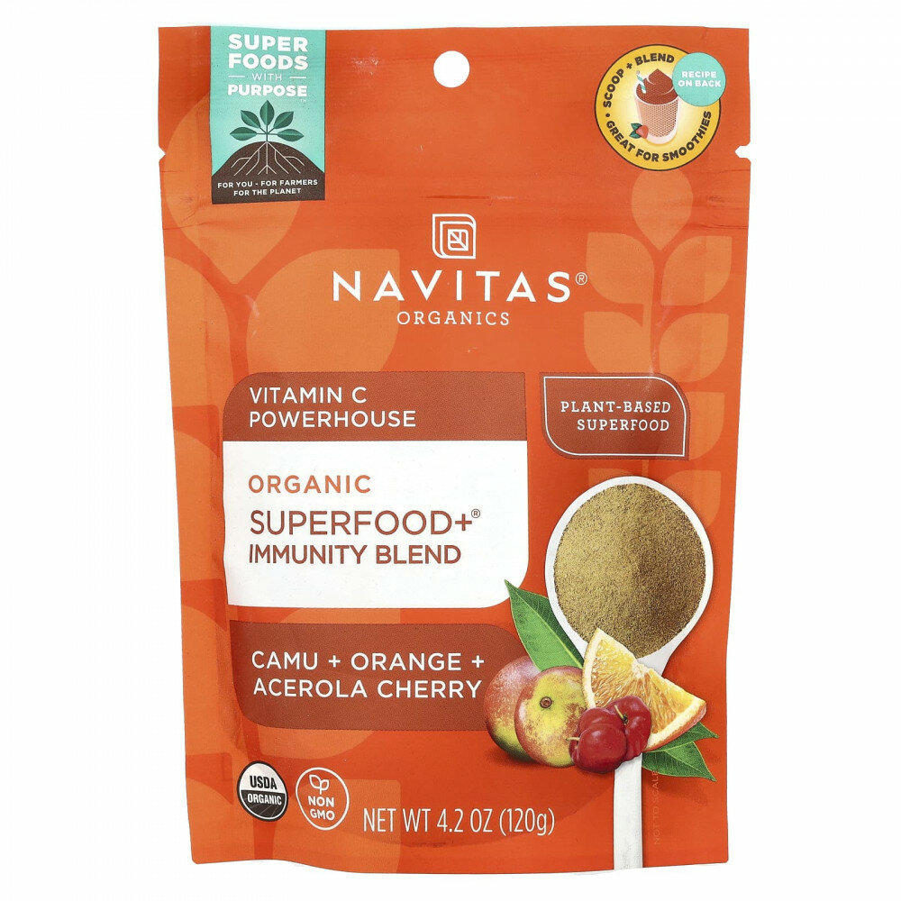 Navitas Organics, органическая смесь для иммунитета Superfood+®, мощный источник витамина С, каму, апельсин и ацерола, 120 г (4,2 унции)