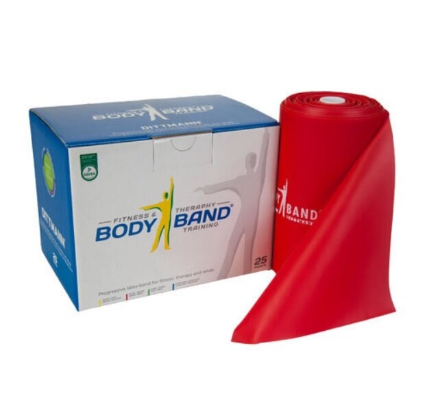 Эспандер ленточный для пилатеса и фитнеса Dittmann Body-Band, рулон 25 м, сопротивление слабое 5-7 кг, красный