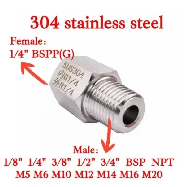 Фитинг резьбовой нержавеющая сталь 304 G1/4" BSP female to male M10x1.25 Male