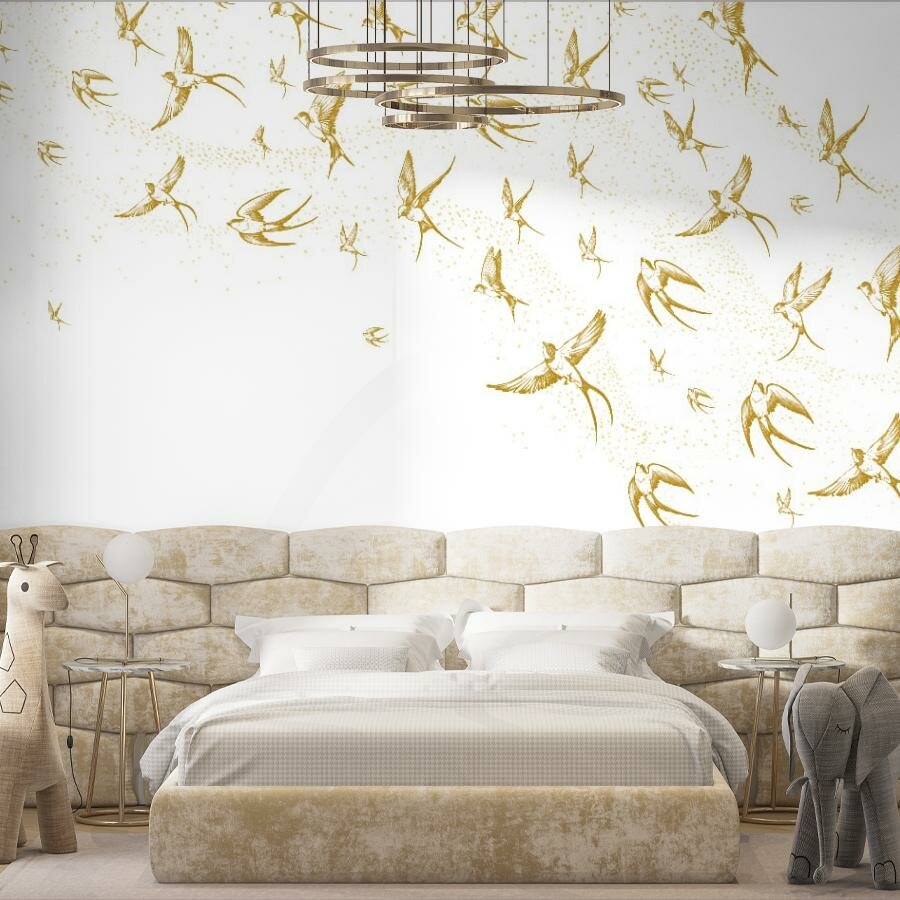 Фотообои Золотые птицы в гостиную 14-1192-S-Холст 270 x 200 см (ВхШ) Бесшовные, флизелиновые, влагостойкие обои