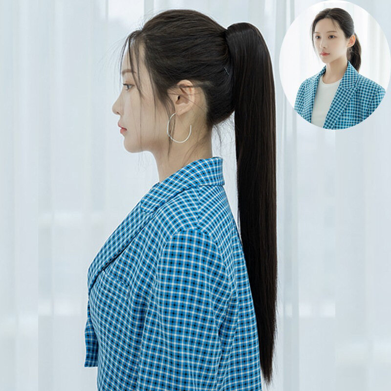 Парик женский черный длинные волосы высокий хвост длинный прямой хвост искусственные волосы