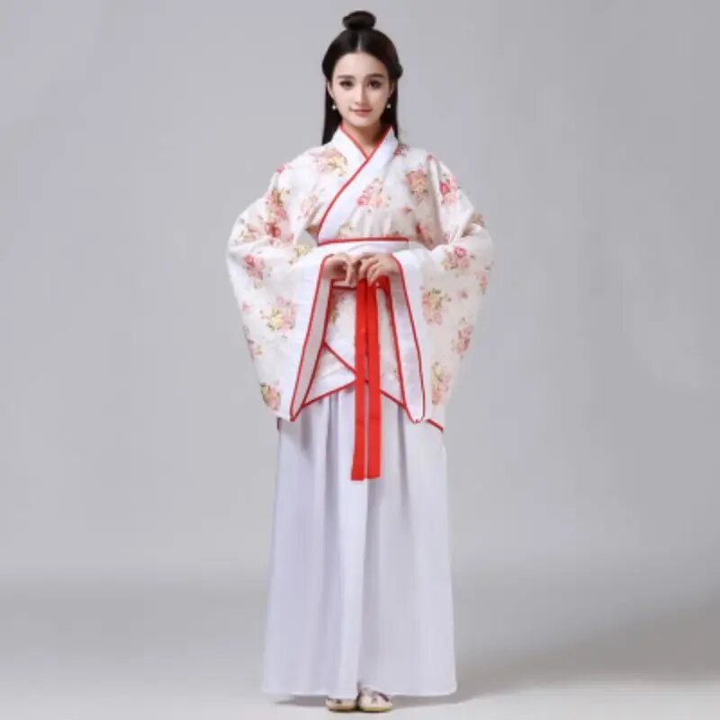 Женский китайский костюм Hanfu, белый с цветочным принтом, размер S