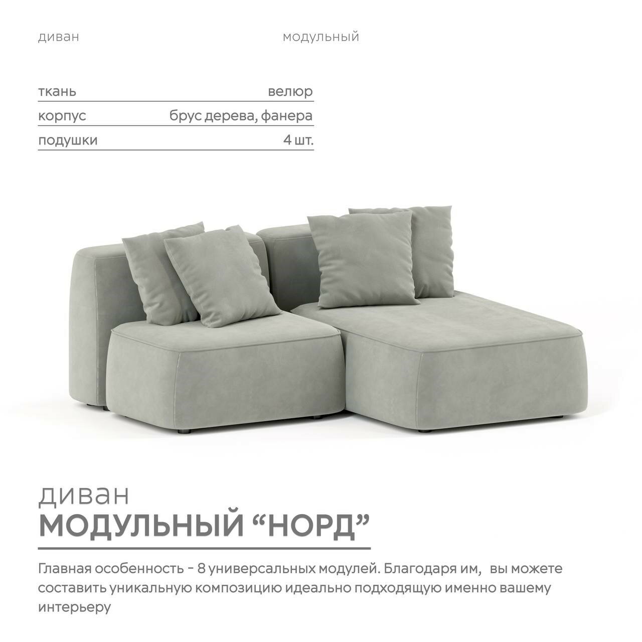 Диван Норд угловой, серый, модульный, 200х160х74 см, mebelroom