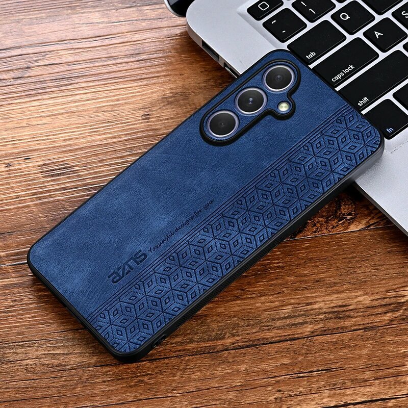Чехол для Samsung Galaxy S25, темно-синий, матовый, кожаный