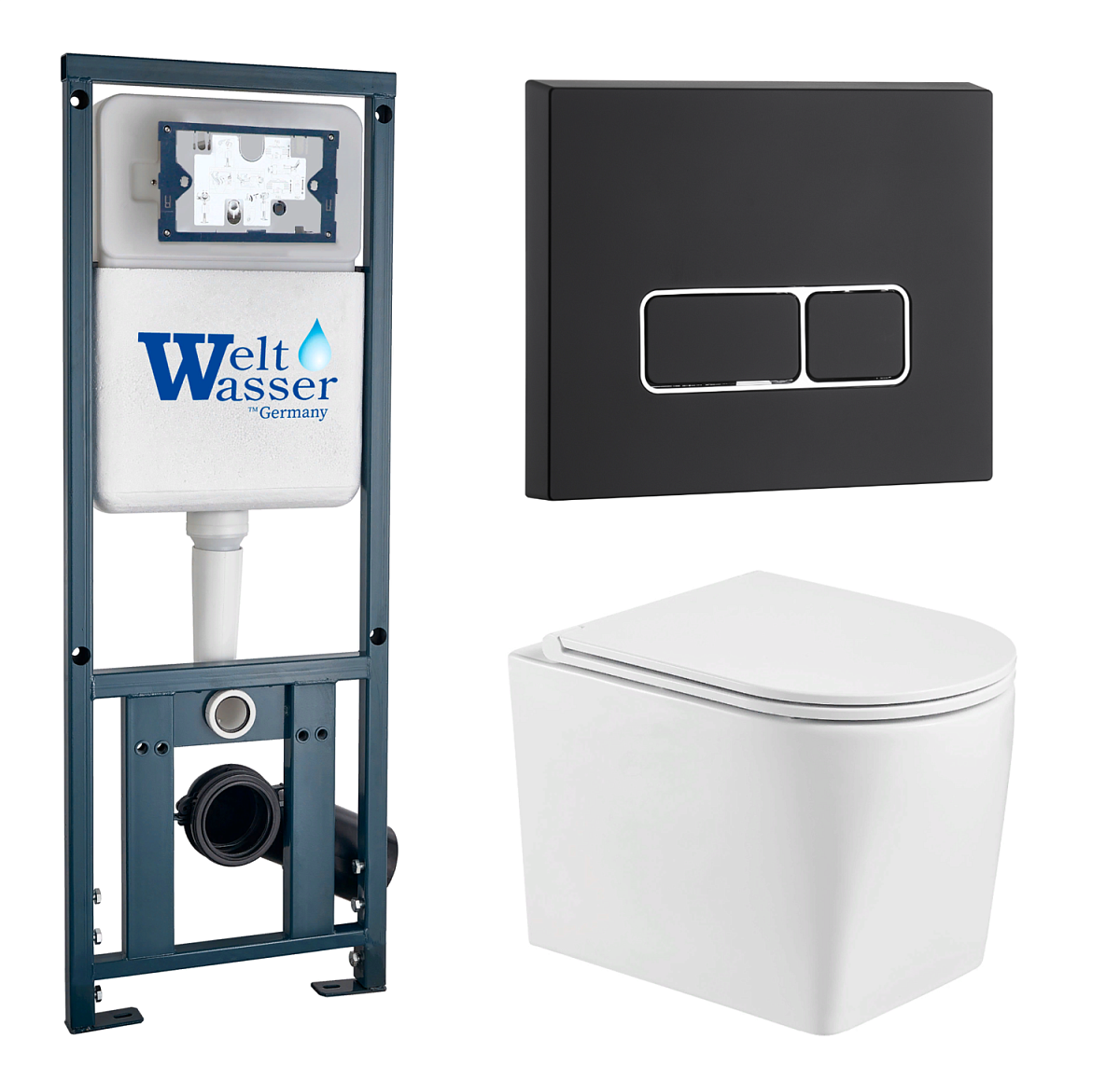Унитаз подвесной WeltWasser MARBERG 410 + NESENBACH 004 GL-WT + MAR 410 SE-BL белый глянцевый, безободковый, с крышкой микролифт, с инсталляцией и черной кнопкой