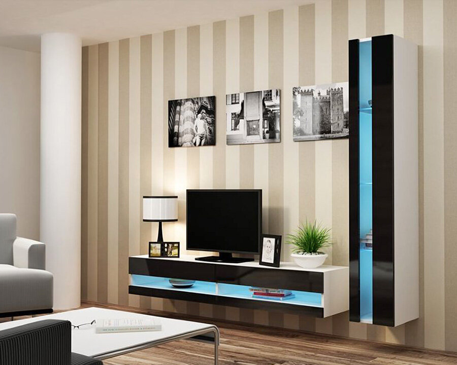 Гостиная Виго нью 8 МДФ (черная) / Белый Фасадный 0101 NEW 220x42x180 см, черный, белый фасадный GOODFORM