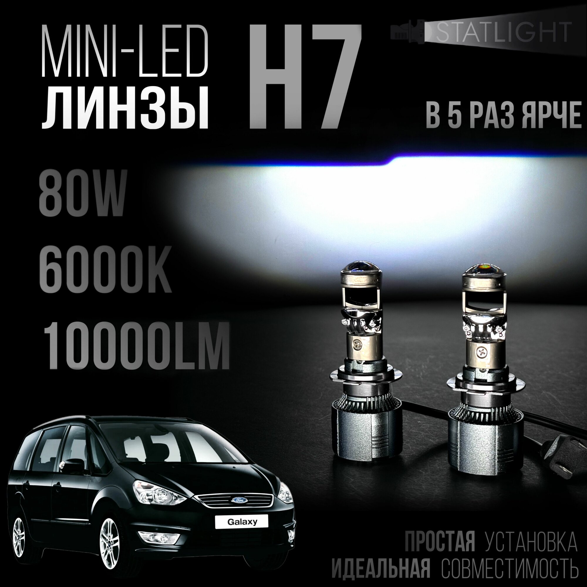 Лампа автомобильная светодиодная H7 Ford Galaxy В рефлектор мини линзы H7, LED лампы H7, белые 6000k, 10000Lm, н7 лед линзы, 2 шт