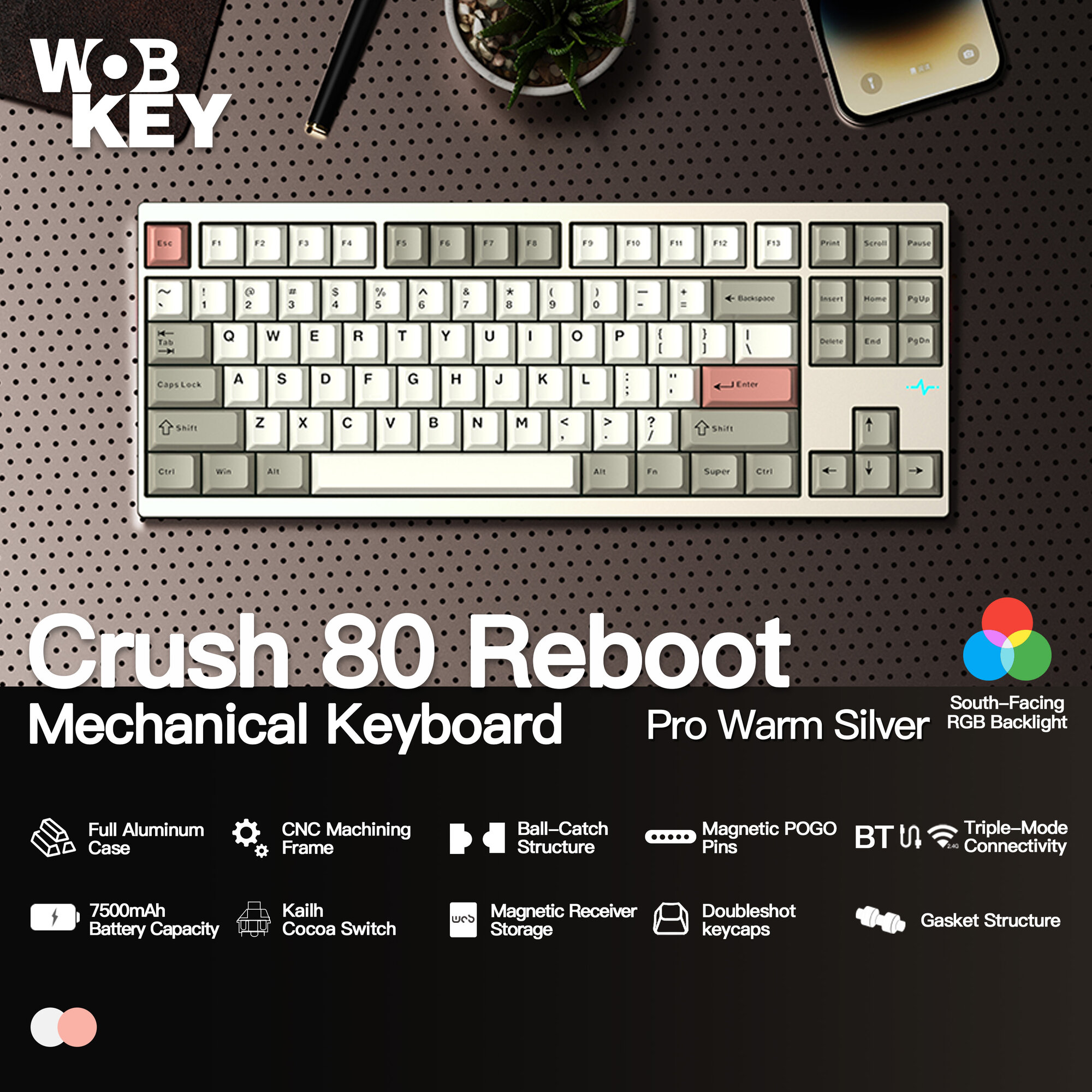 WOBKEY Клавиатура проводная WOBKEY Crush 80 Reboot, Английская раскладка, серебристый, медь