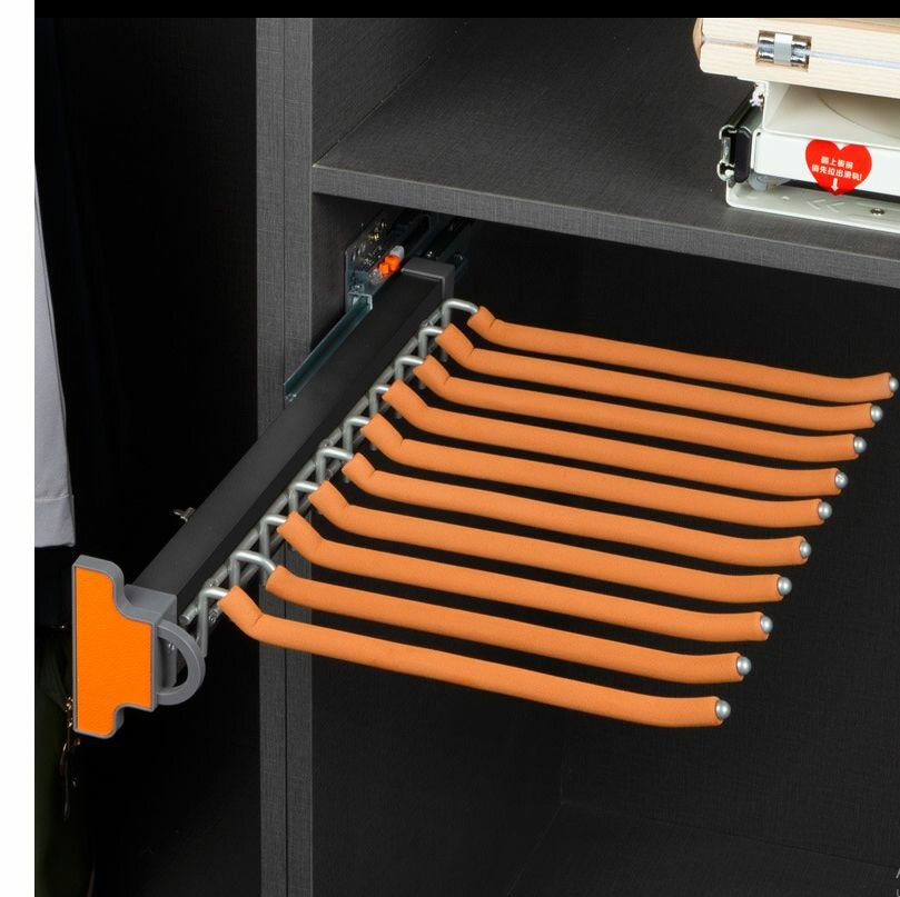 Брючница выдвижная полка для брюк на левую сторону шкафа на 47см с 10 делениями и вставкой из экокожи на лицевой панели, серо-оранжевая