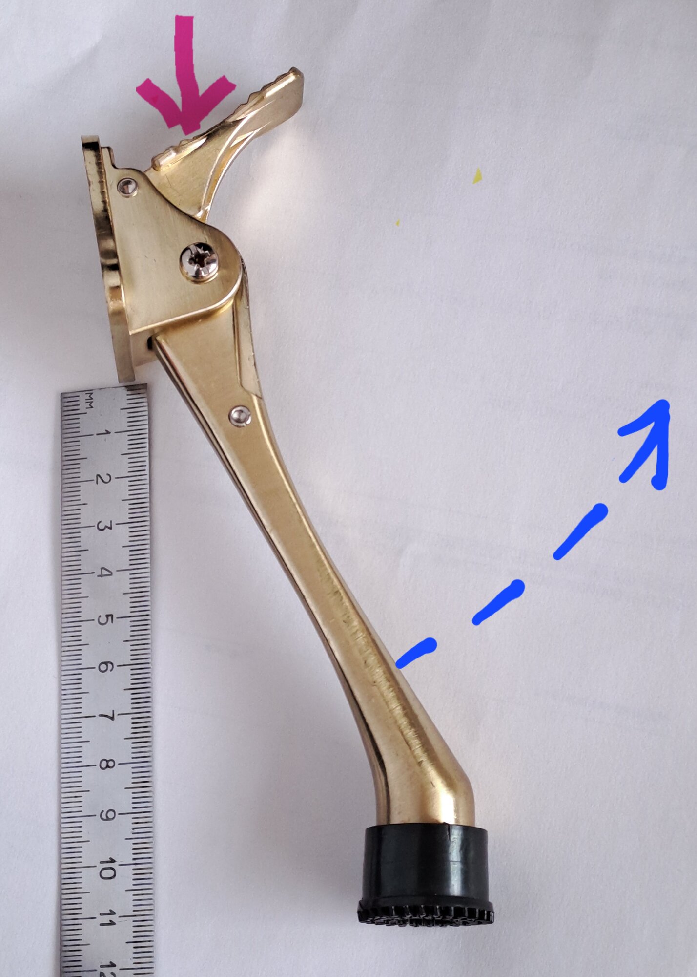 Фиксатор тяжелой двери "Козья ножка 115мм" ( золото) Сталь С педалью.