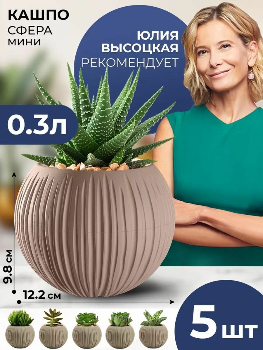 Кашпо круглое для фиалок, кактусов, суккулентов с дренажным донышком La Decoro, горшок для цветов, сфера мини, 5 шт в наборе по 0,3 л, цвет фраппе