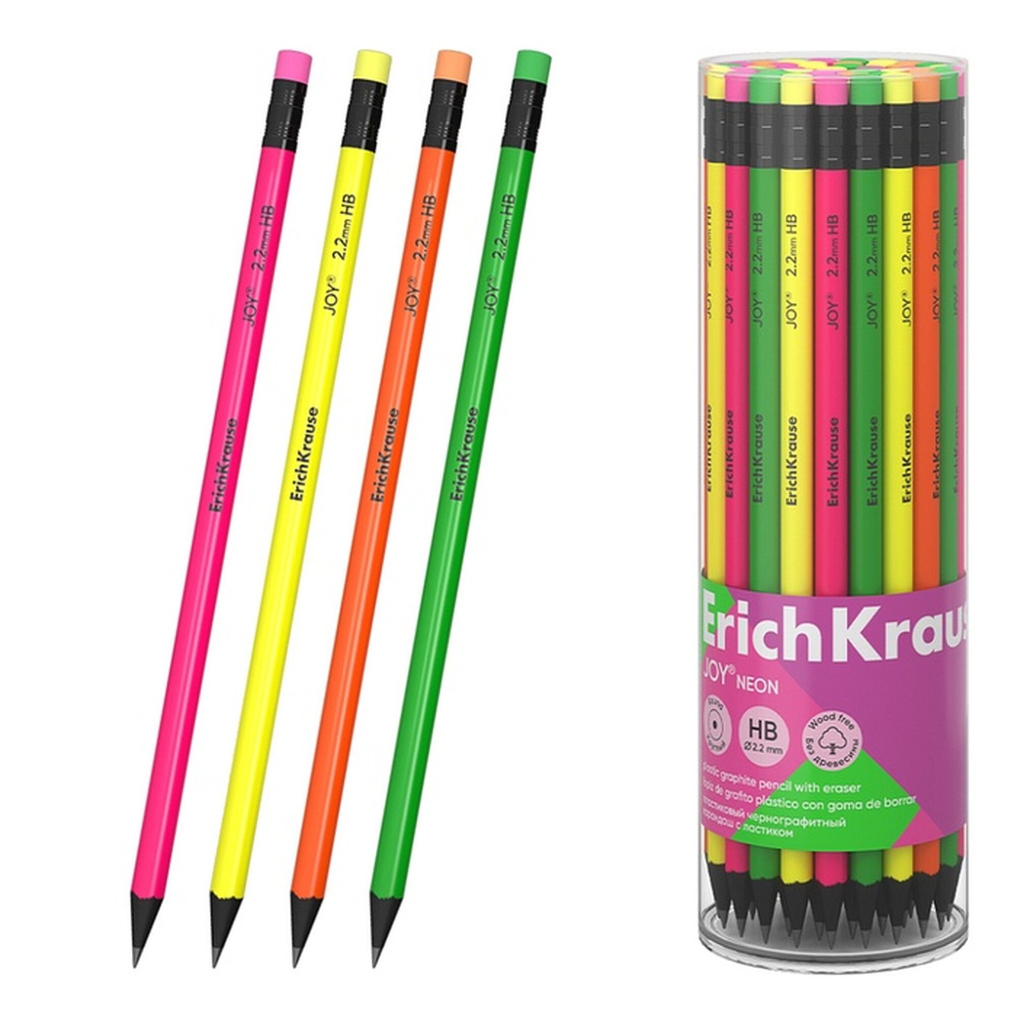 Карандаш чернографитный ErichKrause "JOY", HB, грифель d=2.2 мм, пластик, круглый, в тубусе, неон микс
