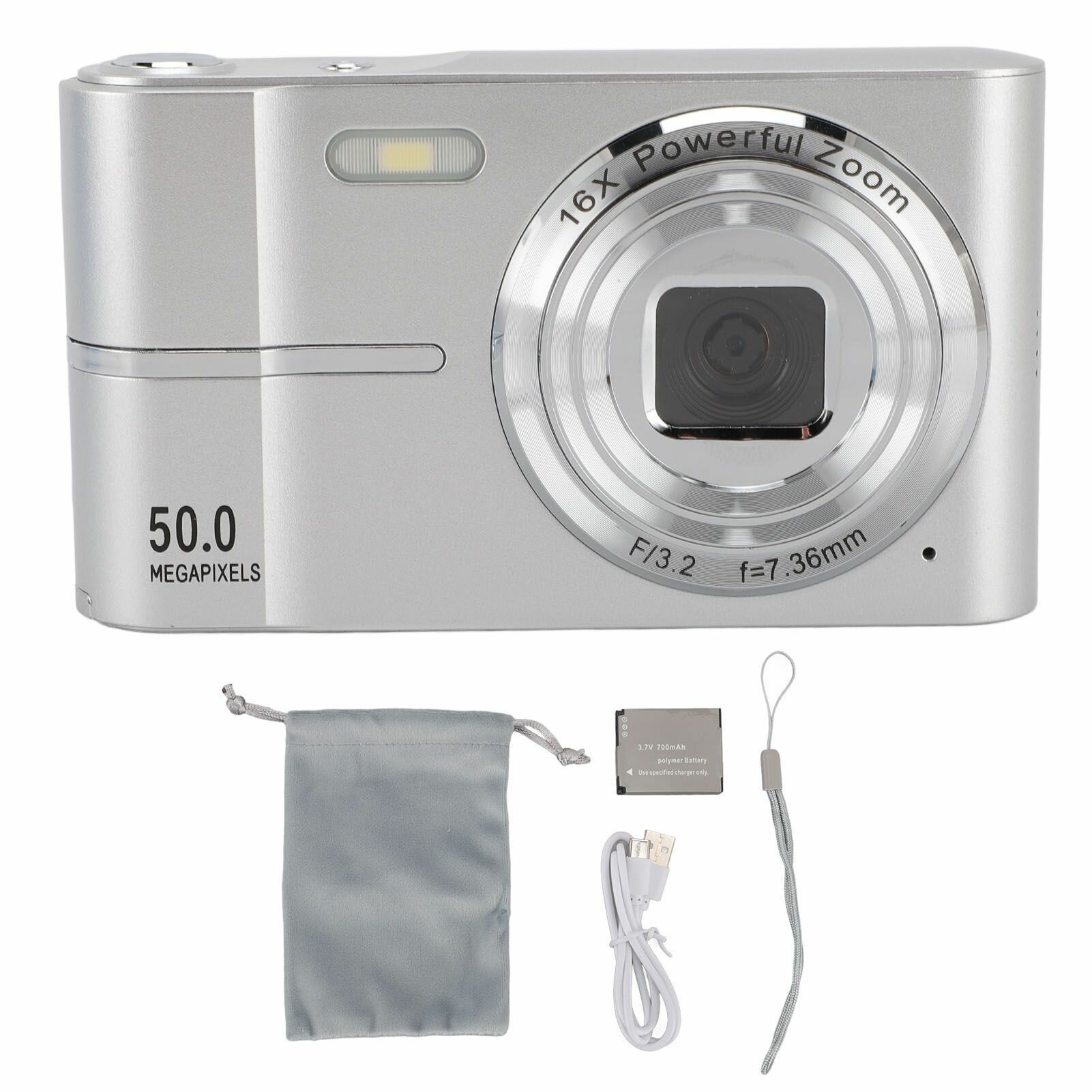 Цифровая камера 50 Мп 1080P FHD с автофокусом, 16-кратным зумом, экраном 2,4 дюйма, защитой от сотрясений, портативная компактная камера для детей и студентов, серая