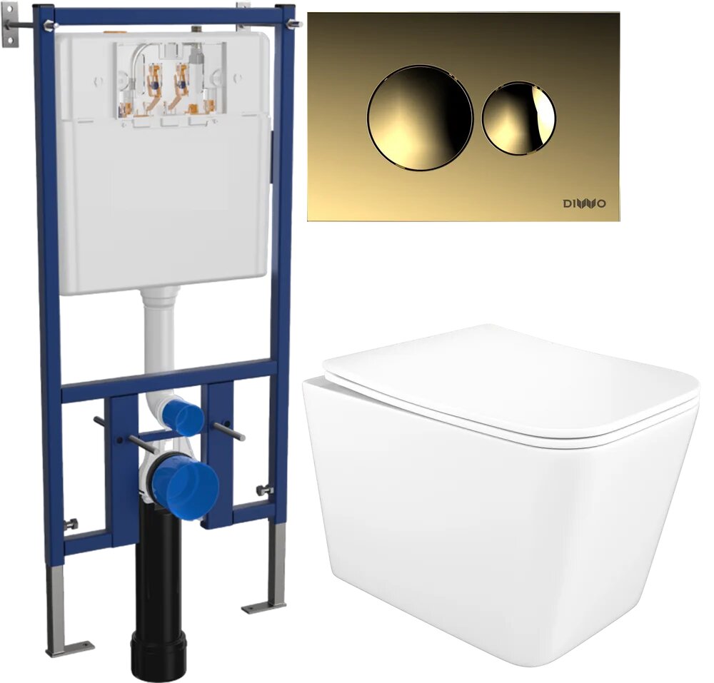 Инсталляция с унитазом комплект 3 в 1 Унитаз подвесной STWORKI Молде S23401WH безободковый, с микролифтом, антивсплеск / Инсталляция DIWO 4501 / Кнопка 7315 цвет матовое золото
