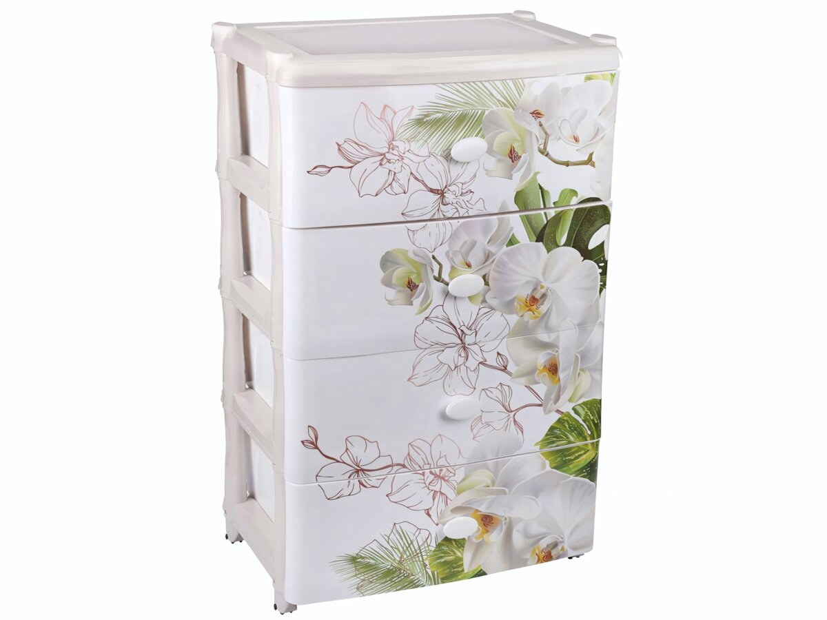 Комод пластиковый 'Орхидеи' с 4 ящиками, белый, цветочный принт, 55,5х44х90,5 см