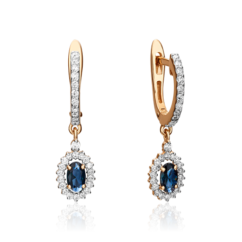 Серьги, красное золото, 585 проба, сапфир, бриллиант