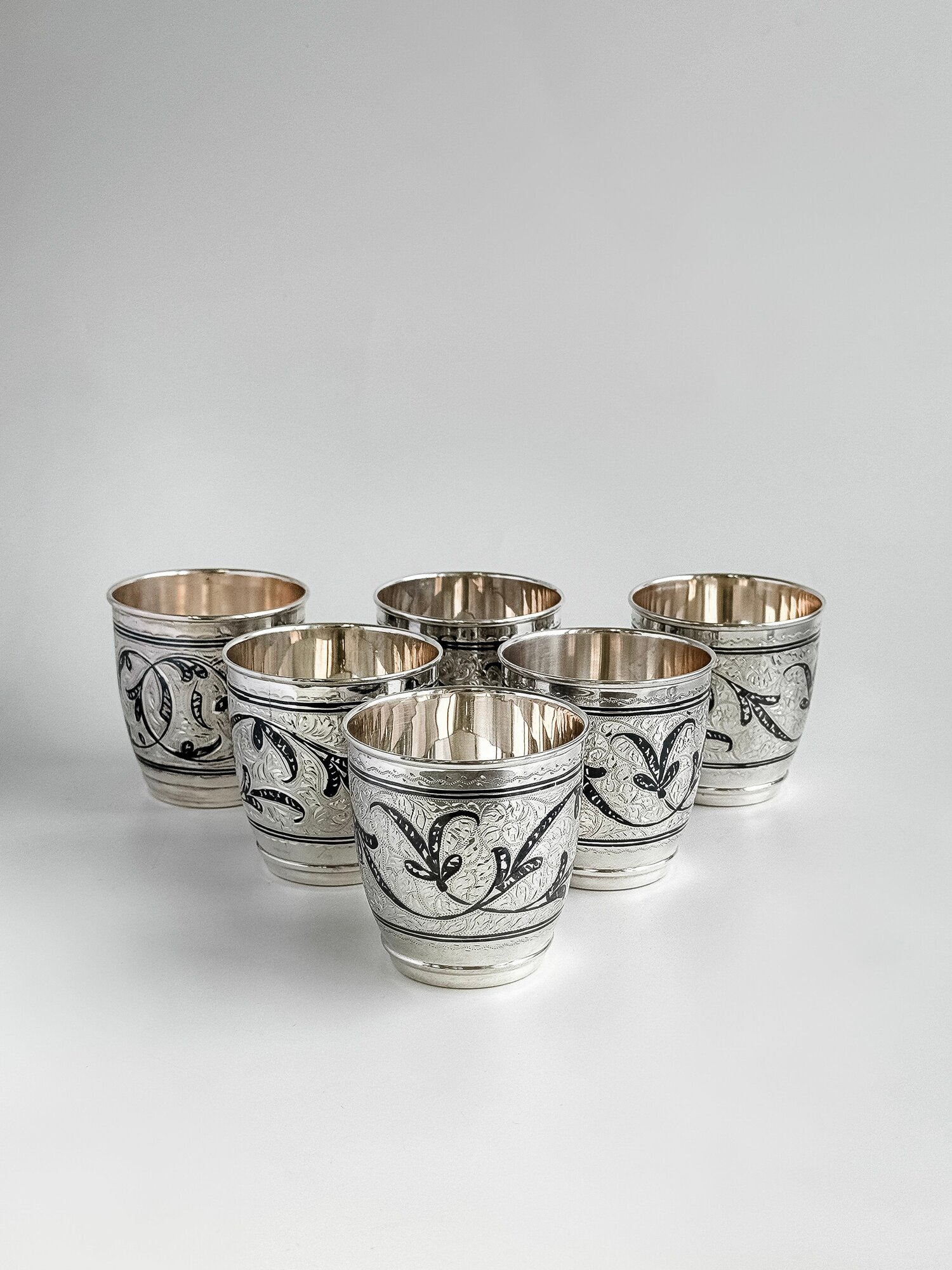Тутта Набор 6 штук серебряных стаканов для воды 200 мл. 875 проба, серебро кубачи в подарочной упаковке