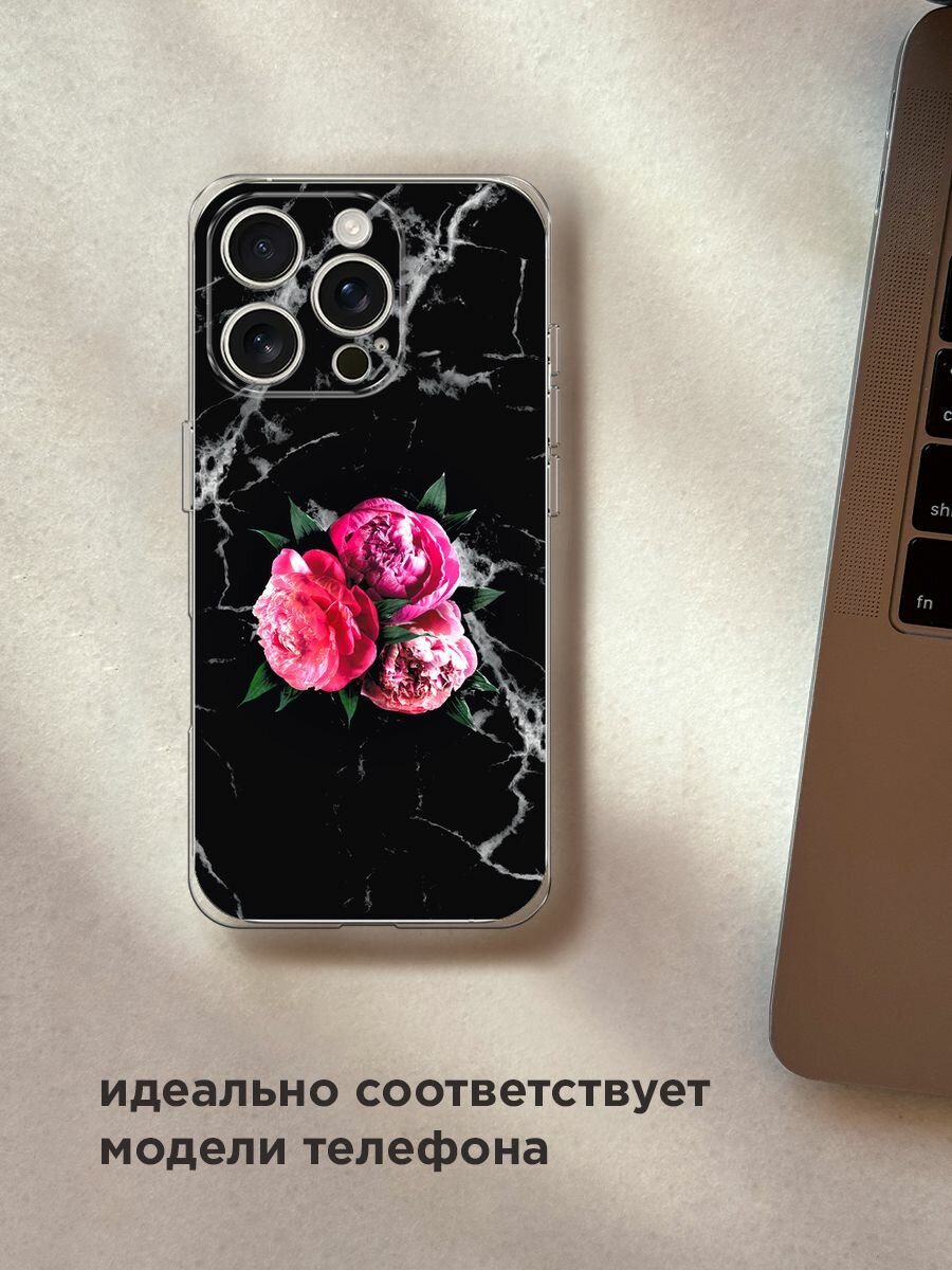 Чехол на Apple iPhone 16 Pro / Айфон 16 Про с принтом "Букет на черном мраморе" — фото 1